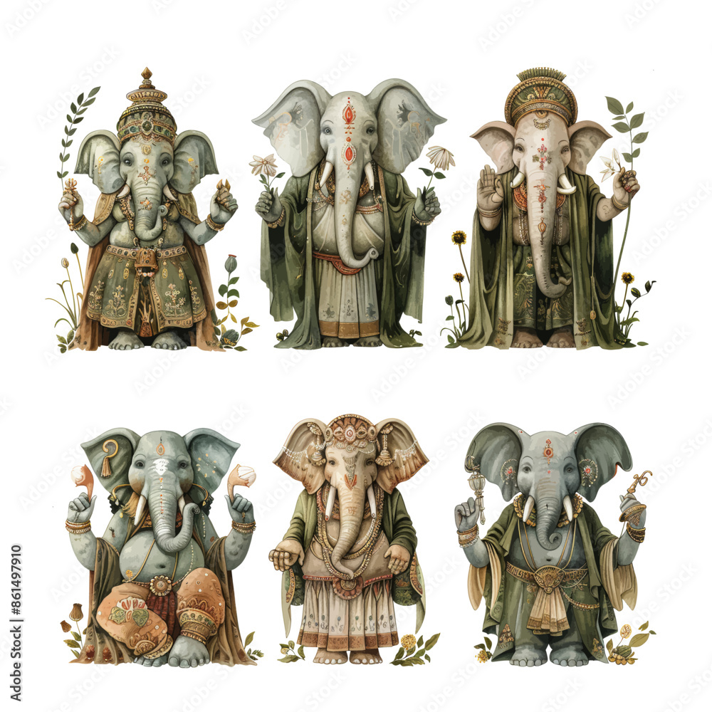 Set of Hindu gods and godness. Ganesha, Hanuman, Saraswati, Brahma ...