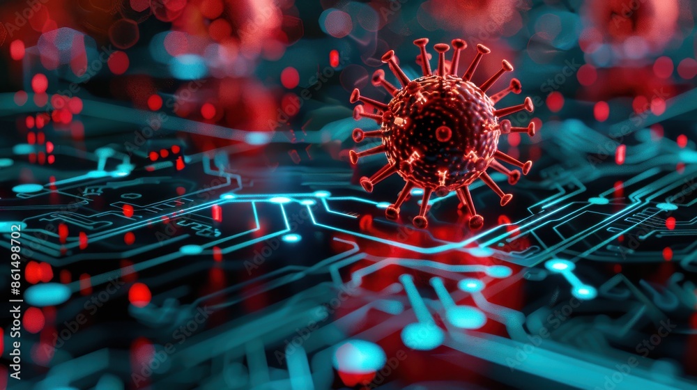 Virus icon, red password entry field, network diagram, front view ...