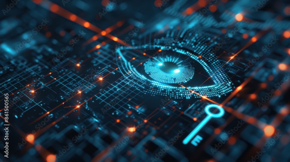 Eye icon, blue data flow chart, security key, front view, highlights ...