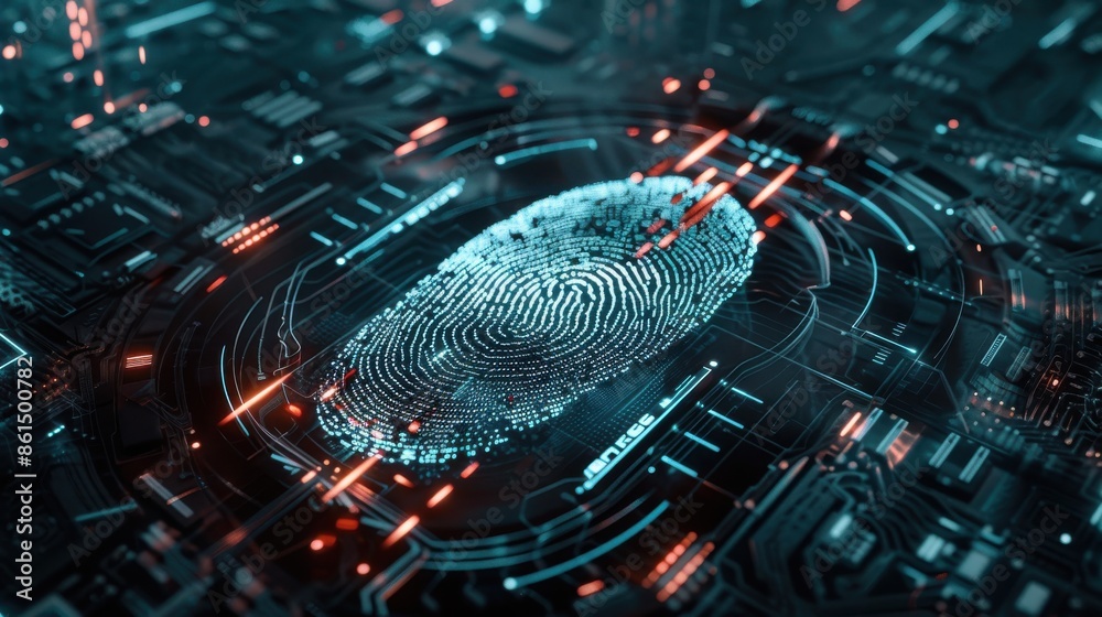 Fingerprint scan, complex data flow chart, shield icon, top view ...