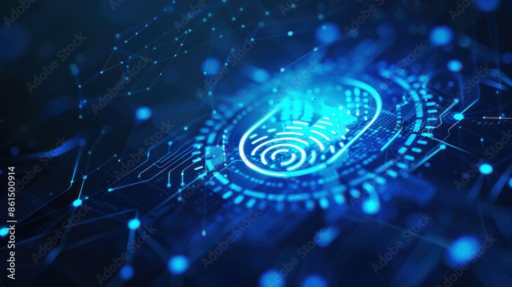 Fingerprint scan, blue data flow chart, shield icon, front view ...