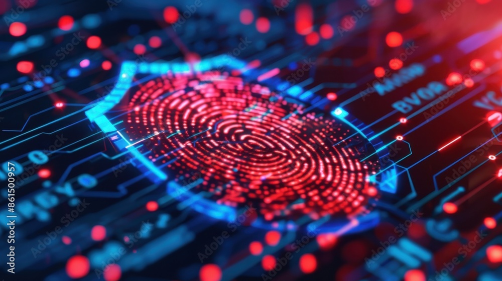 Fingerprint scan, red data flow chart, shield icon, top view, showcases ...