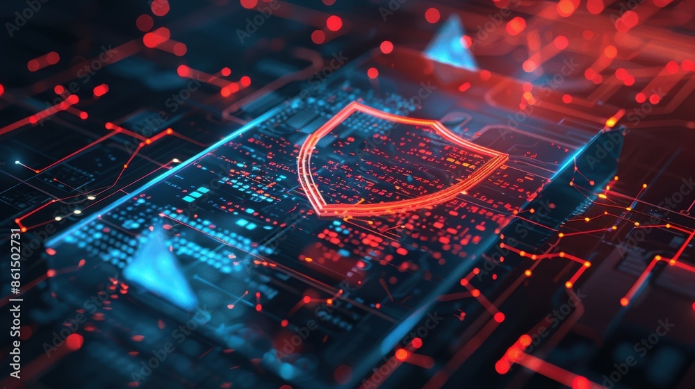 Shield icon, dark data encryption symbol, network connections, top view ...