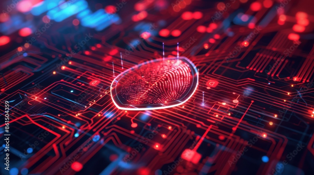 Fingerprint scan, red data flow chart, shield icon, top view, showcases ...