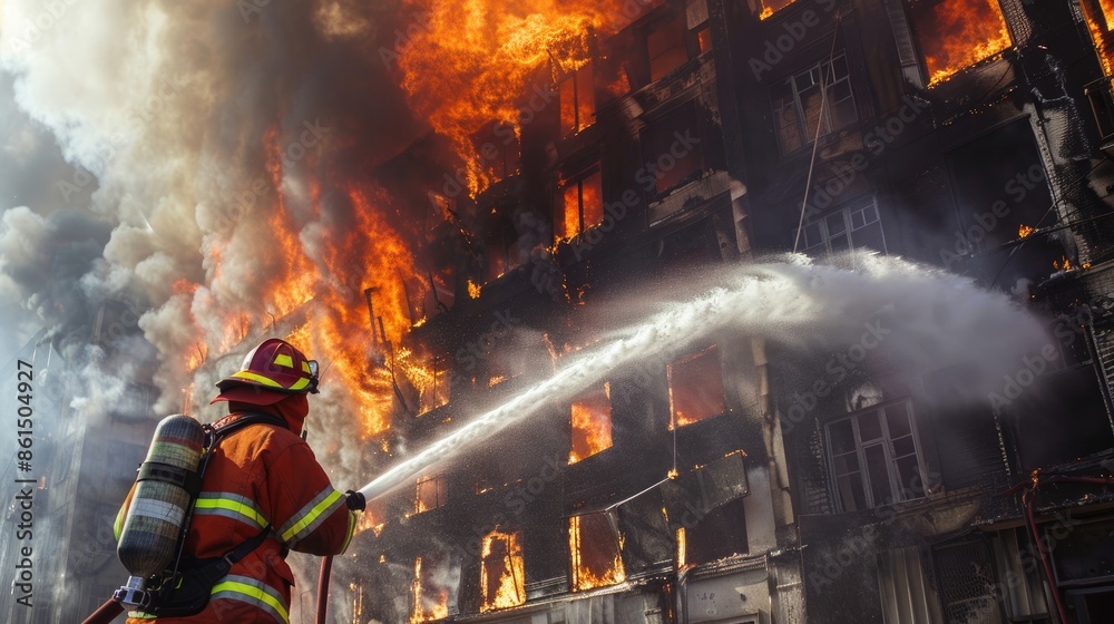 Firefighters are extinguishing a burning fire. Fireman putting out fire ...