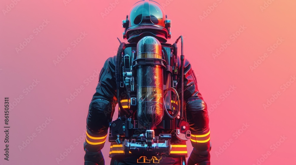 Fireman with a jetpack, back view, futuristic, metallic hues, digital ...