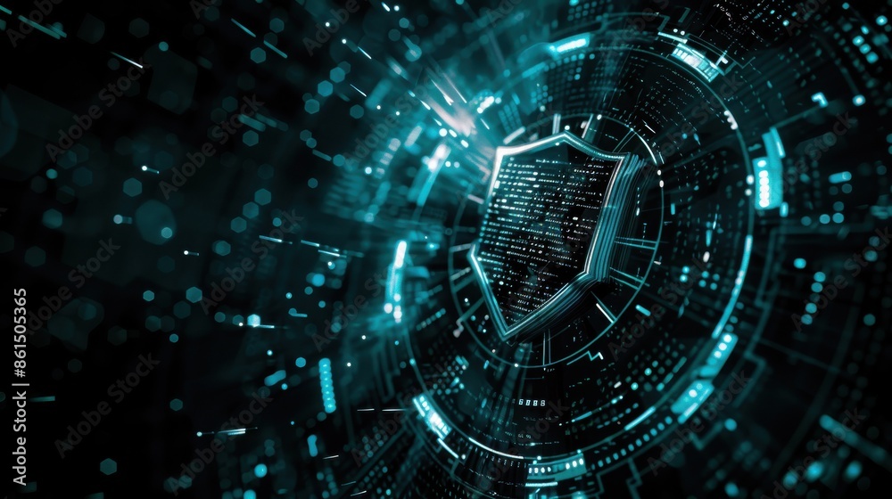Shield icon, dark binary code, network connections, top view ...