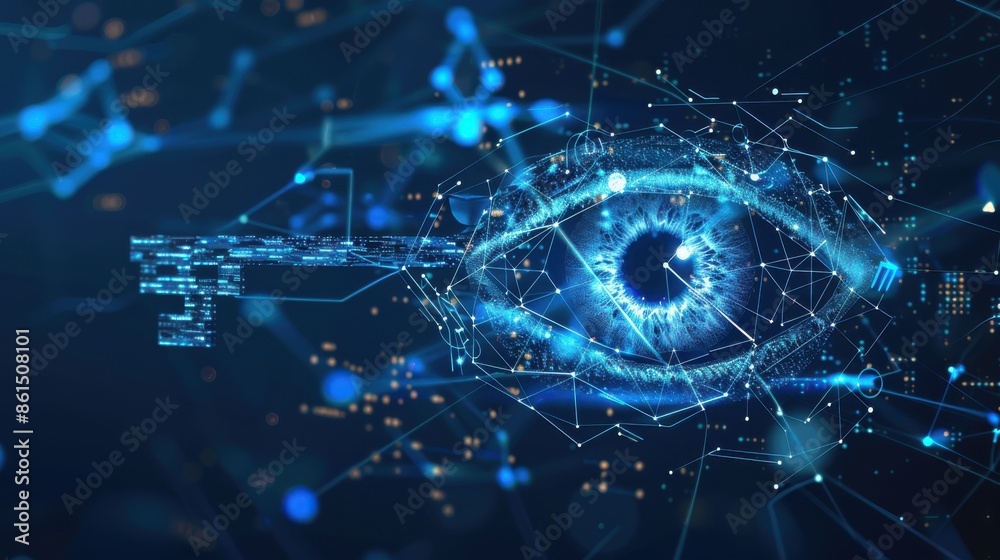 Eye icon, blue data flow chart, security key, front view, highlights ...