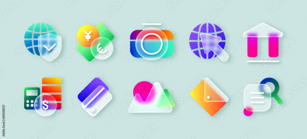 Realistic ui icons with blur neon gradient in glassmorphism style ...