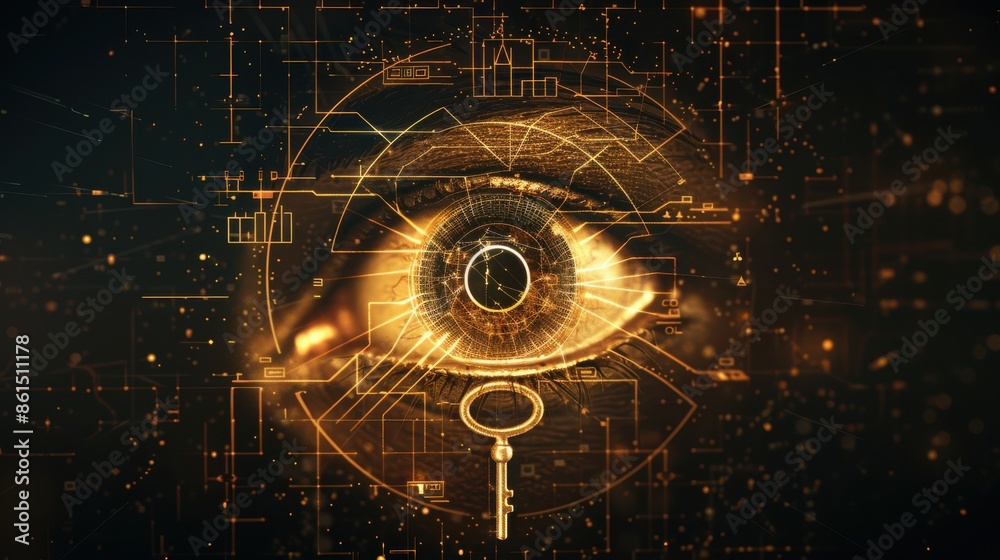 Eye icon, gold data flow chart, security key, front view, indicates ...