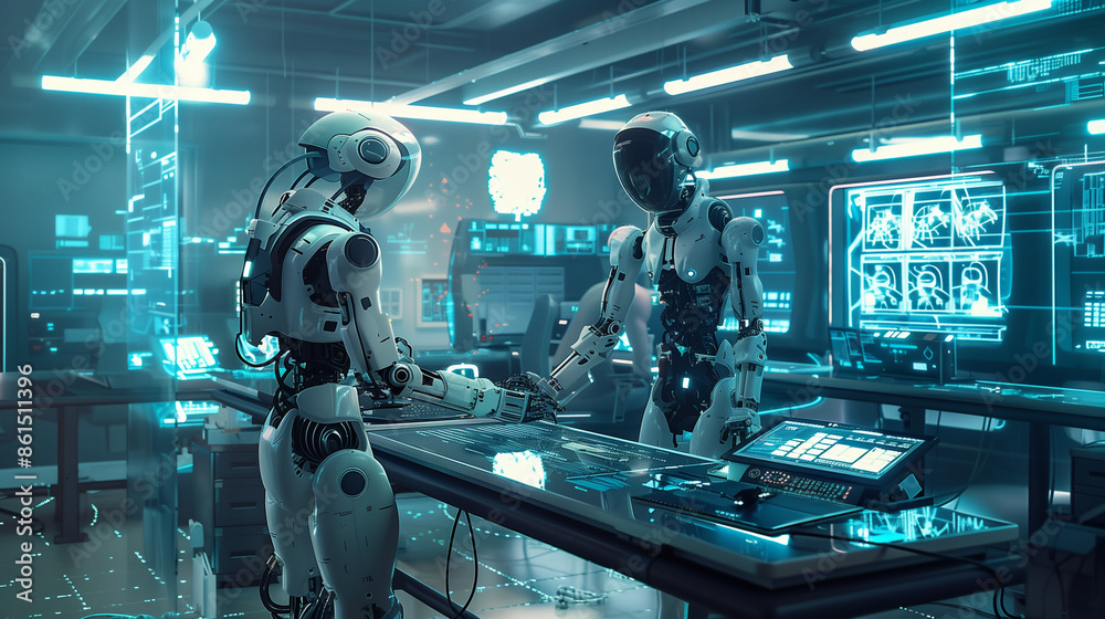 A futuristic lab with AI-powered robots working alongside human ...