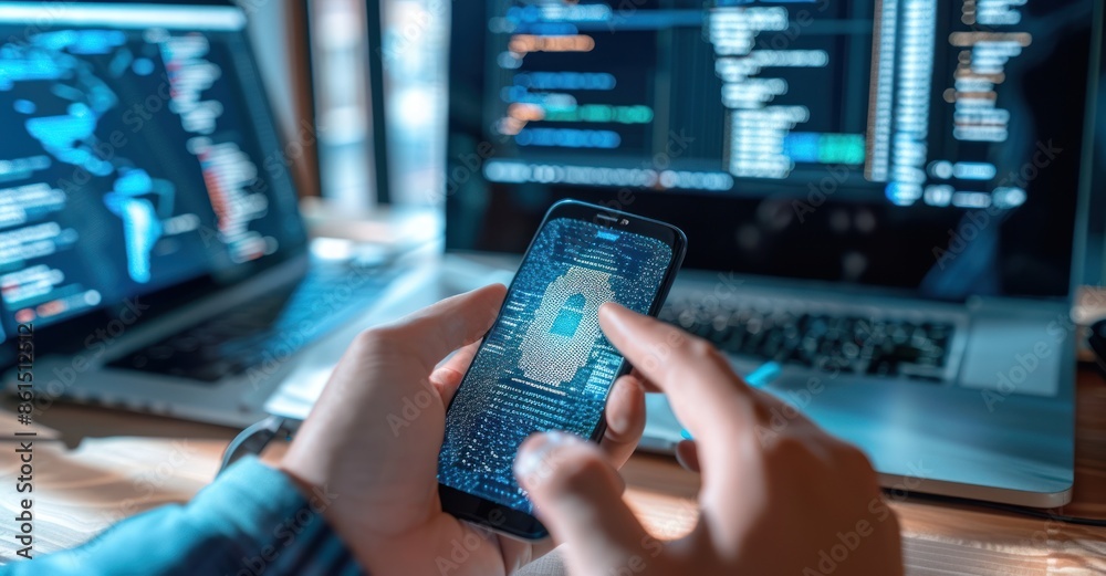 Closeup of hands using a smartphone and laptop for a 2FA secure account ...