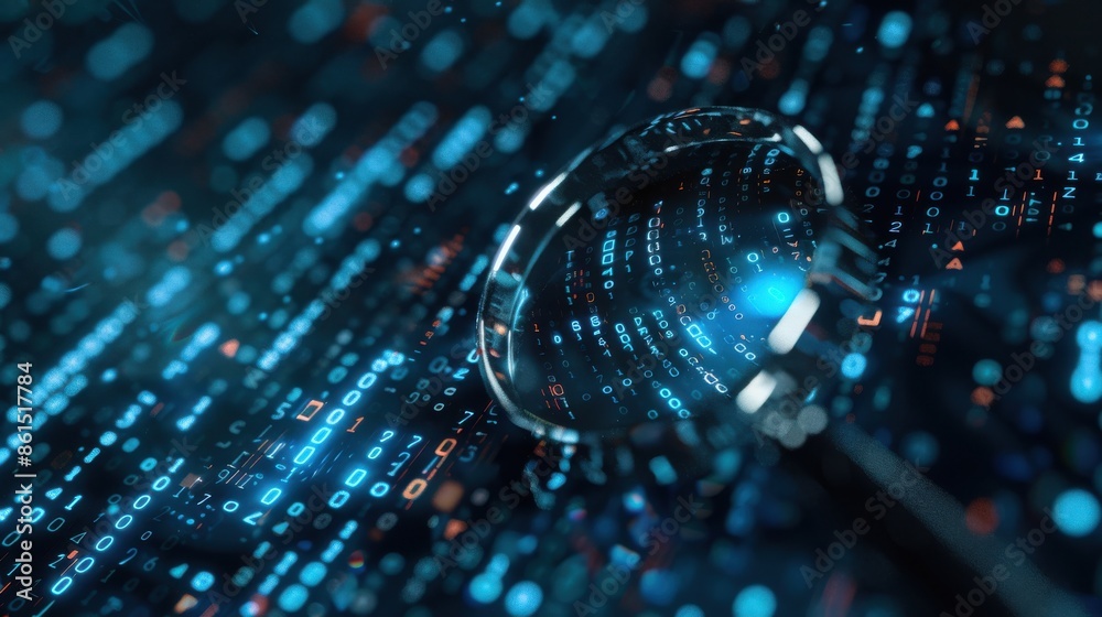 Binary code, red magnifying glass, key icon, top view, showcases ...