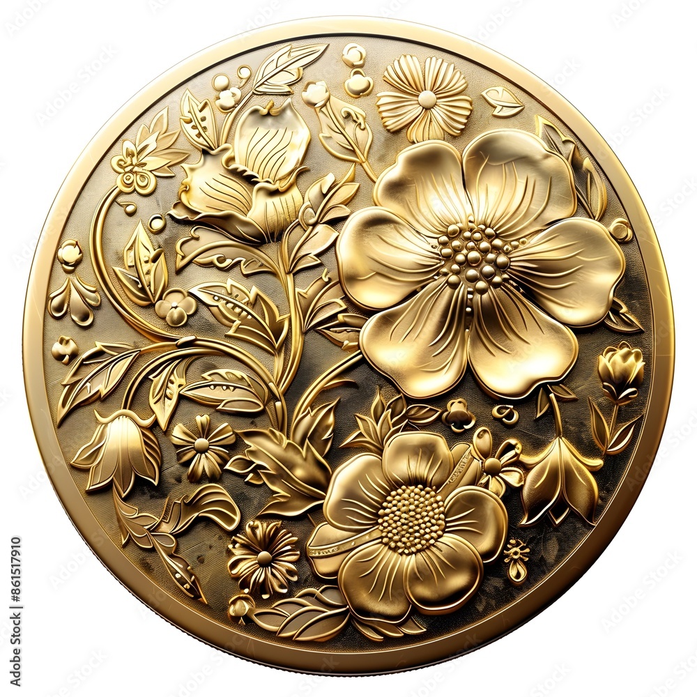 Exquisitely Engraved Golden Coin with Radiant Floral Pattern on White ...