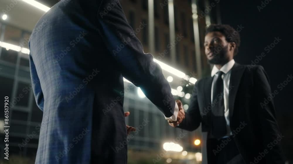 African American and caucasian business men making deal. Two bosses ...