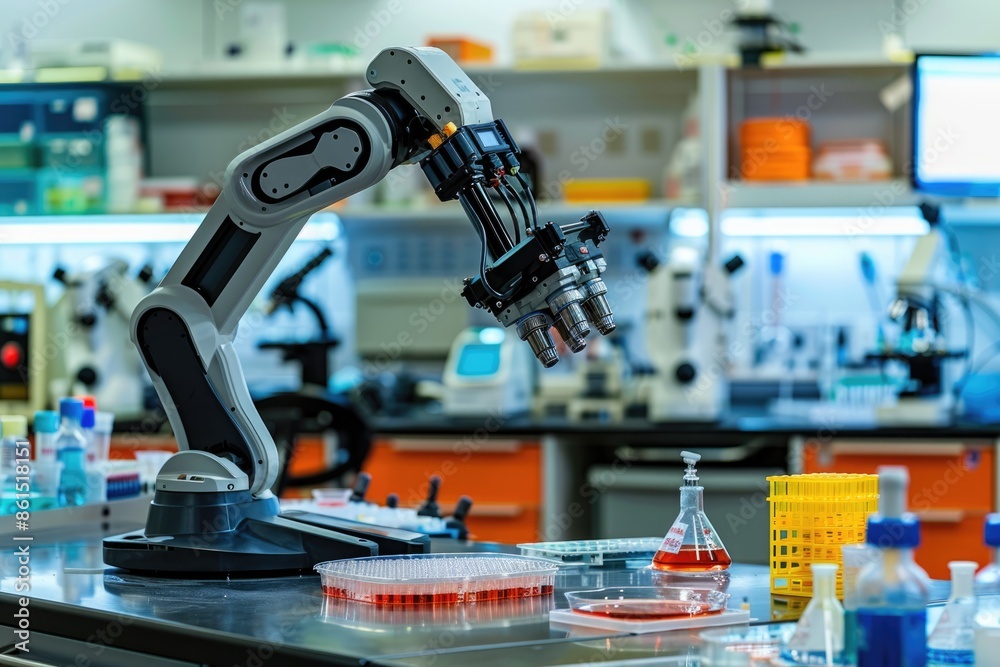 A high-resolution image of a robotic arm performing automated tasks in ...