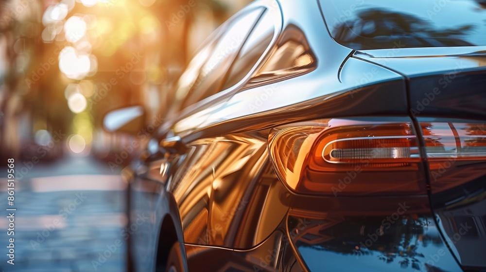 Closeup rear glass window of a car parked on street on summer sunny day ...