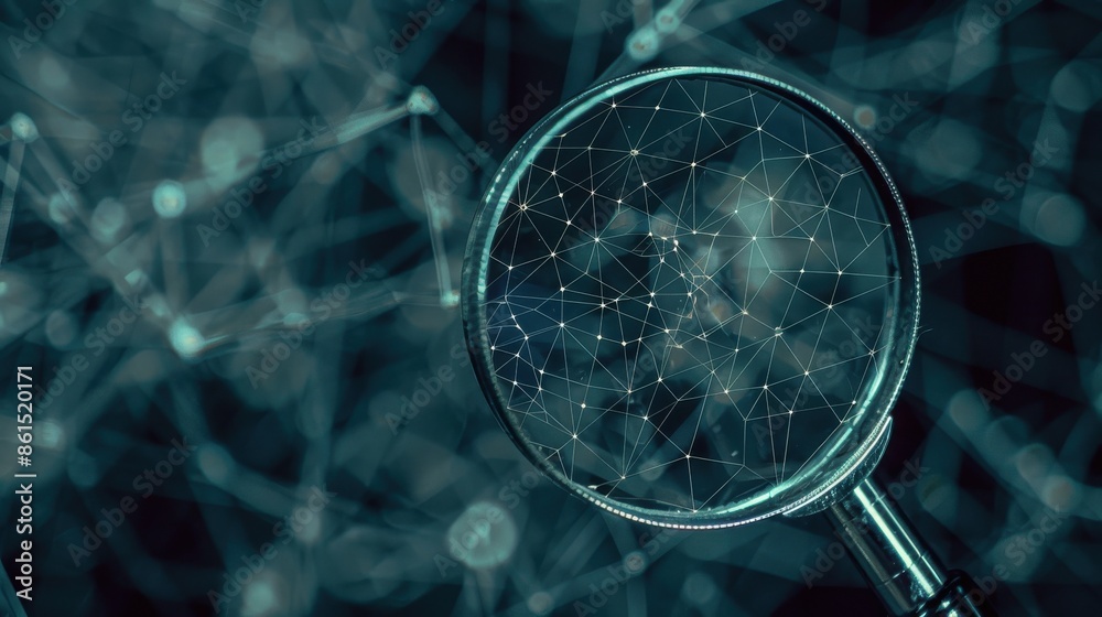 Magnifying glass, intricate network diagram, warning triangle, top view ...