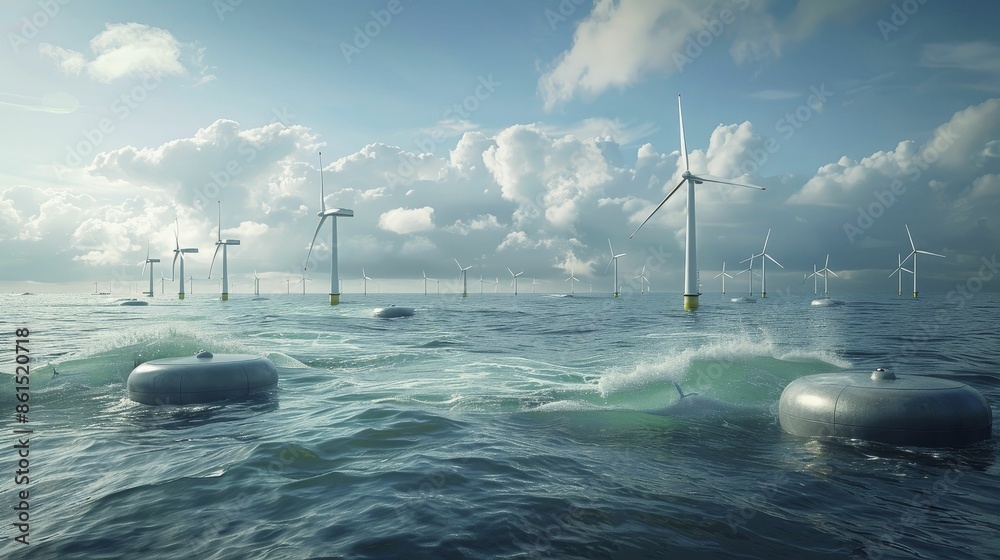 A serene ocean with floating turbines illustrates wave energy as a ...