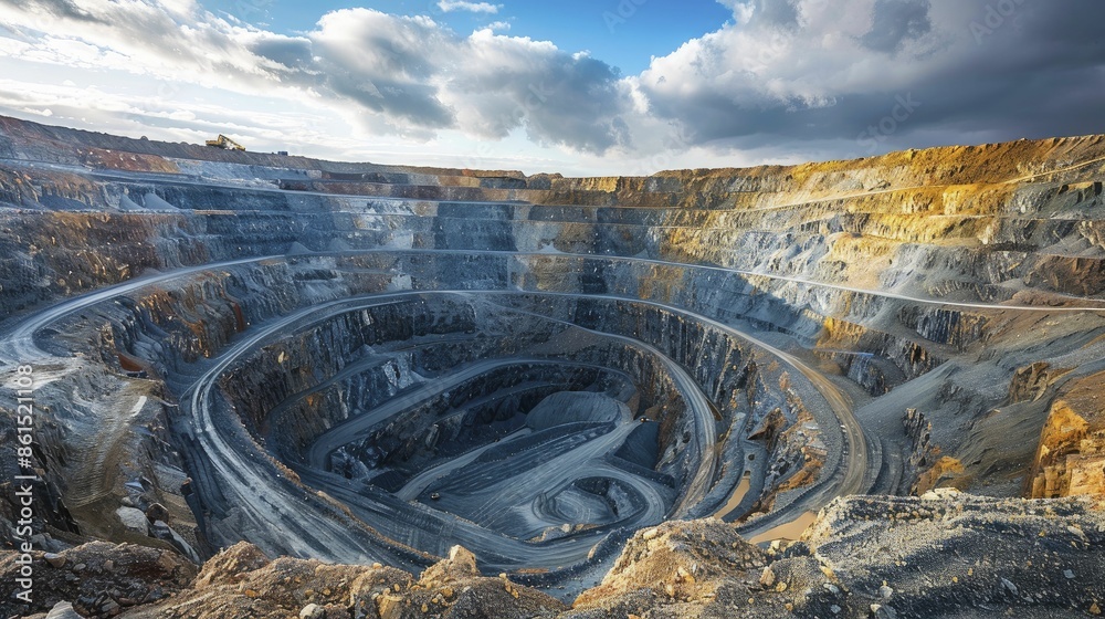 An expansive open-pit mine illustrates pit mining, showcasing the scale ...