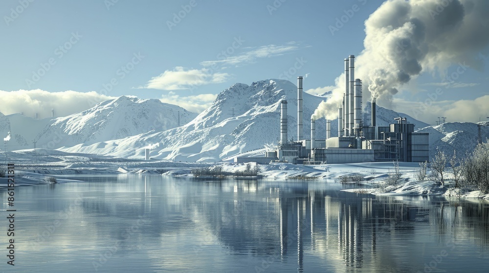 Geothermal power plants harnessing the earth's heat illustrate geothermal energy, showcasing a ...