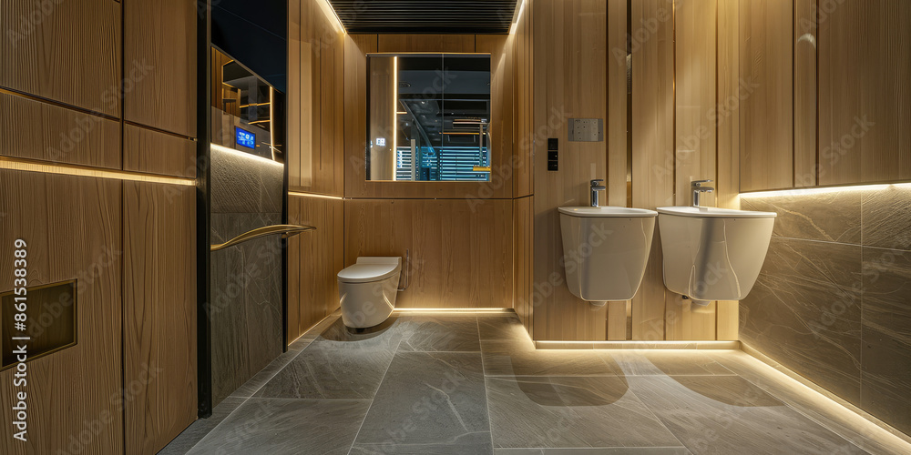 Interior of a modern public empty restroom in a shopping center. Empty ...