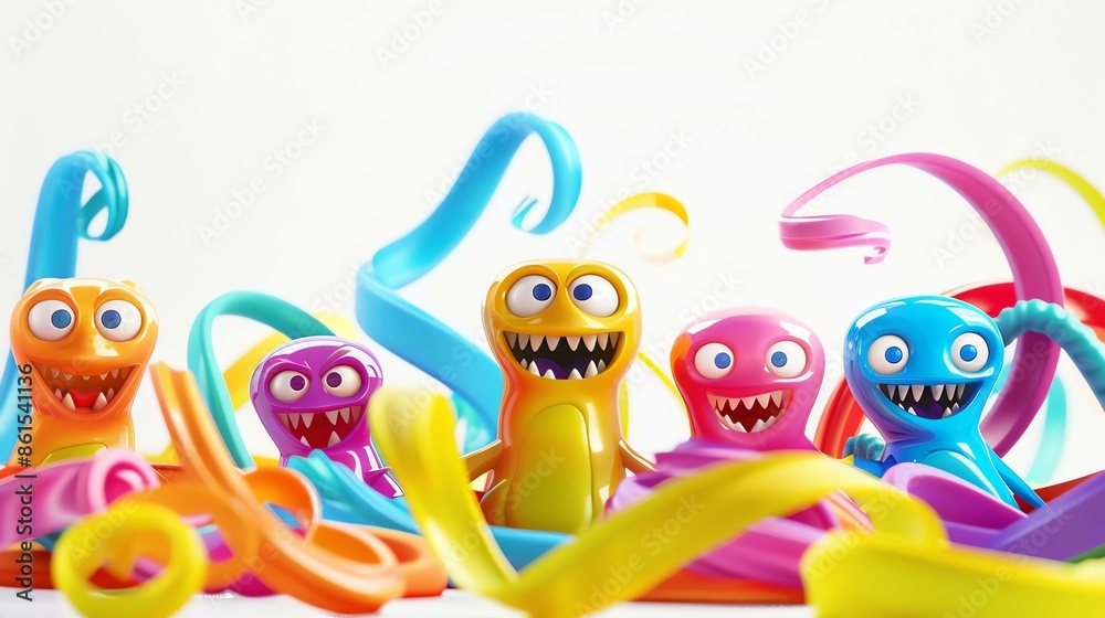 3D rendering of a group of colorful and funny monsters. The monsters ...