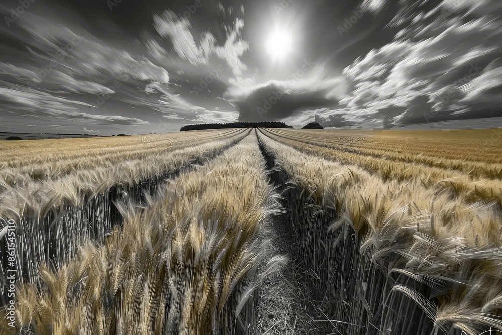 Black and white field of wheat under dramatic sky with sun ...
