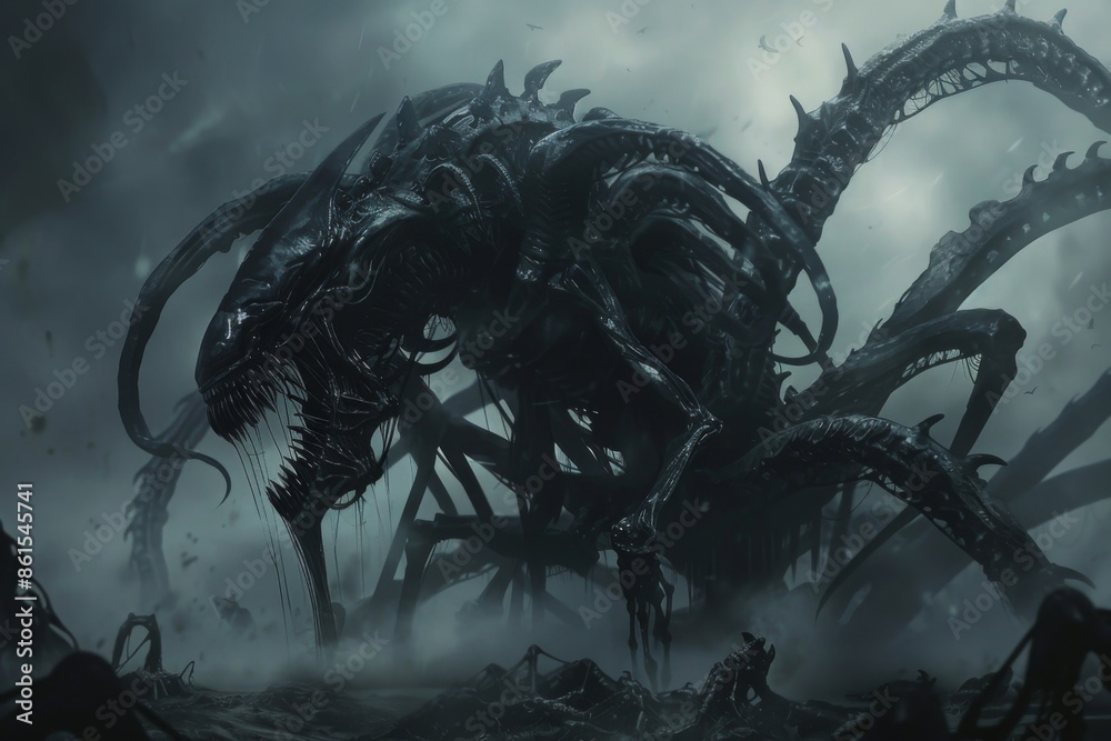 Giant alien creature roaming a post-apocalyptic landscape with swirling ...