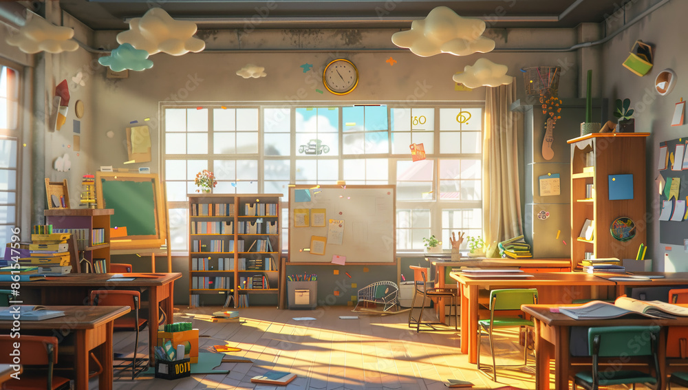 Bright Empty Classroom with Desks, Chairs, Educational Posters, Wall ...