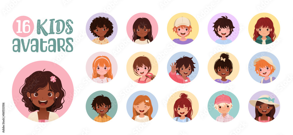 Set of 16 children avatars. Fun cartoon preschool and school kids. Boys ...