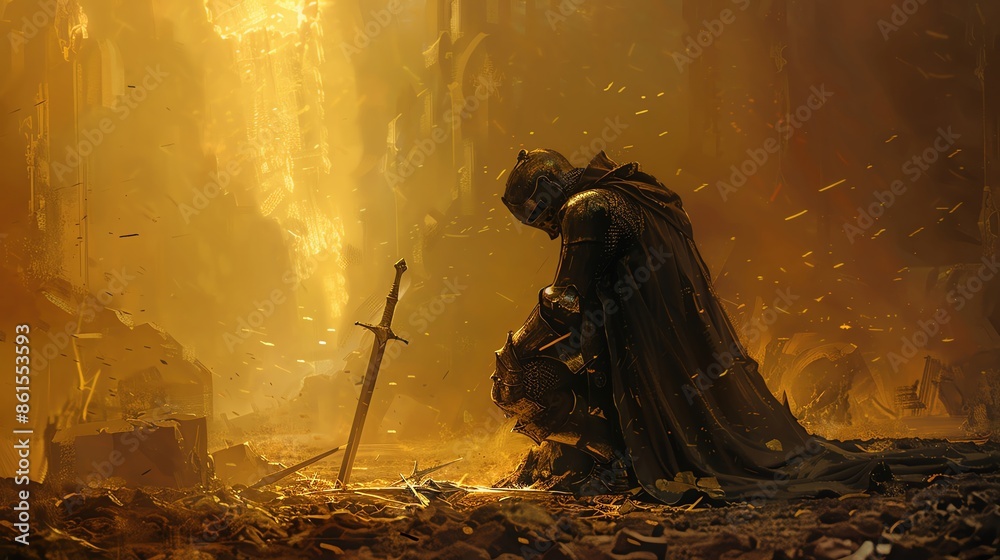 Epic scene of a hero s redemption, battleworn knight kneeling in a ...