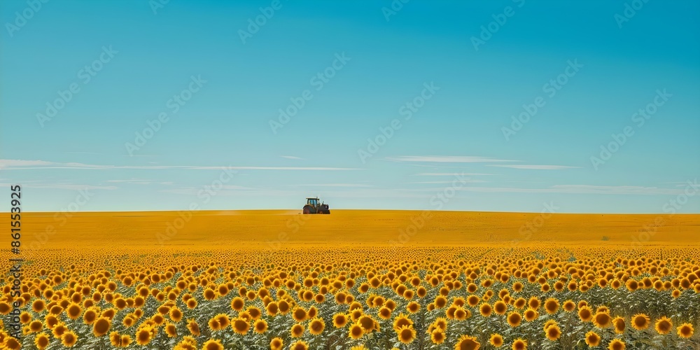Tractors in sunflower fields Planting and harvesting for agricultural ...