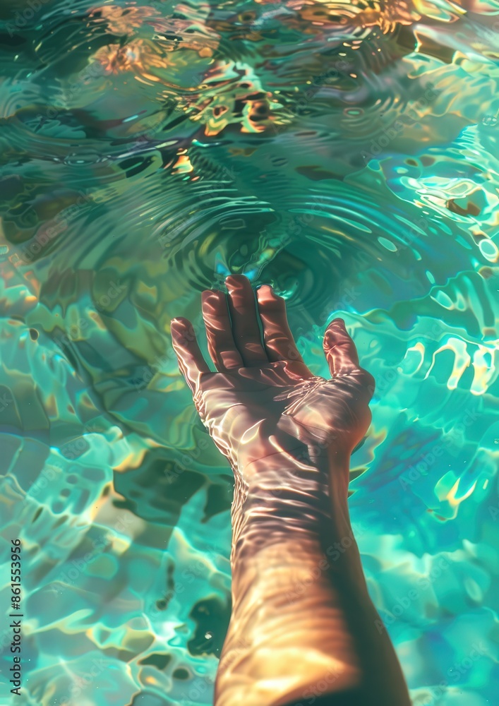 outstretched hand in the water, palm up, poolside, with sunlight and ...
