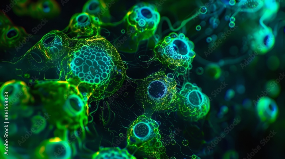 Fluorescent green and blue plant cells under a microscope with detailed ...