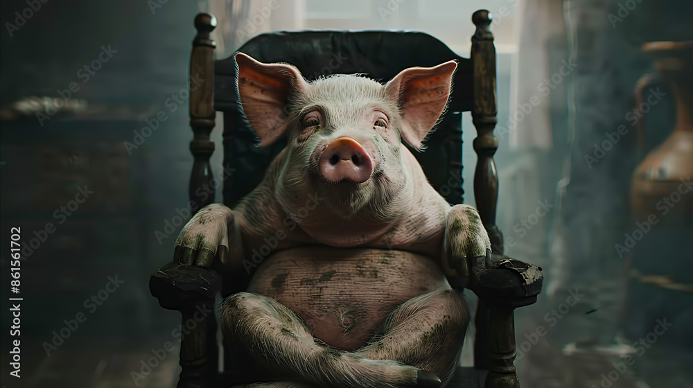 Abstract representation of a pig seated in a surreal chair, blending ...