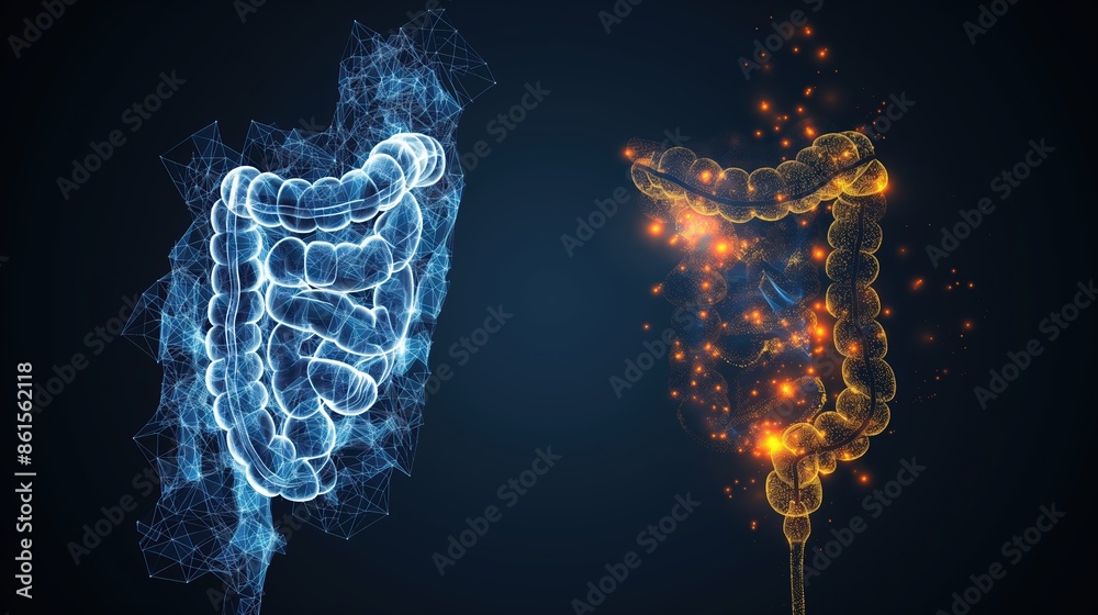 Comparison of healthy and inflamed intestines with visual effects Stock ...