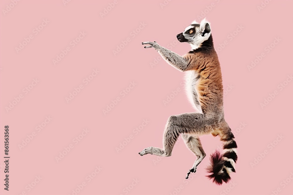 Active agile Lemur jumping high in the air on pink color studio ...