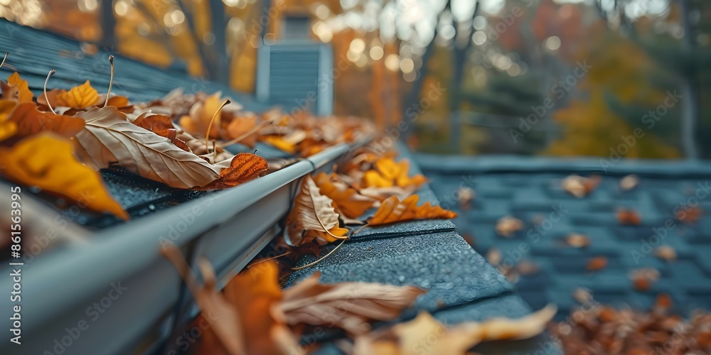 Unclogging gutters filled with leaves on a typical suburban home ...