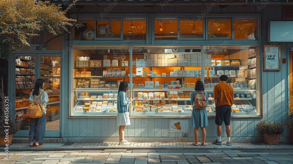 Mom, father and kid standing in a row in front of a single storefront ...