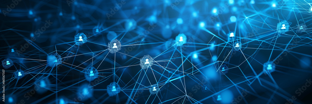 Abstract blue social network background with interconnected nodes and ...