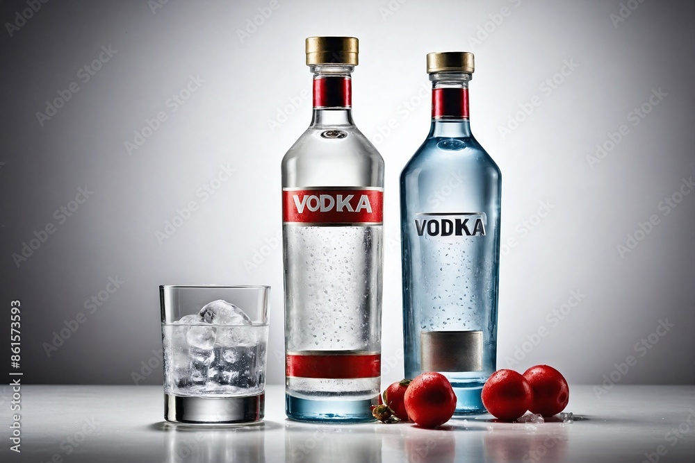 Vodka: A tall, elegant vodka bottle with condensation droplets ...