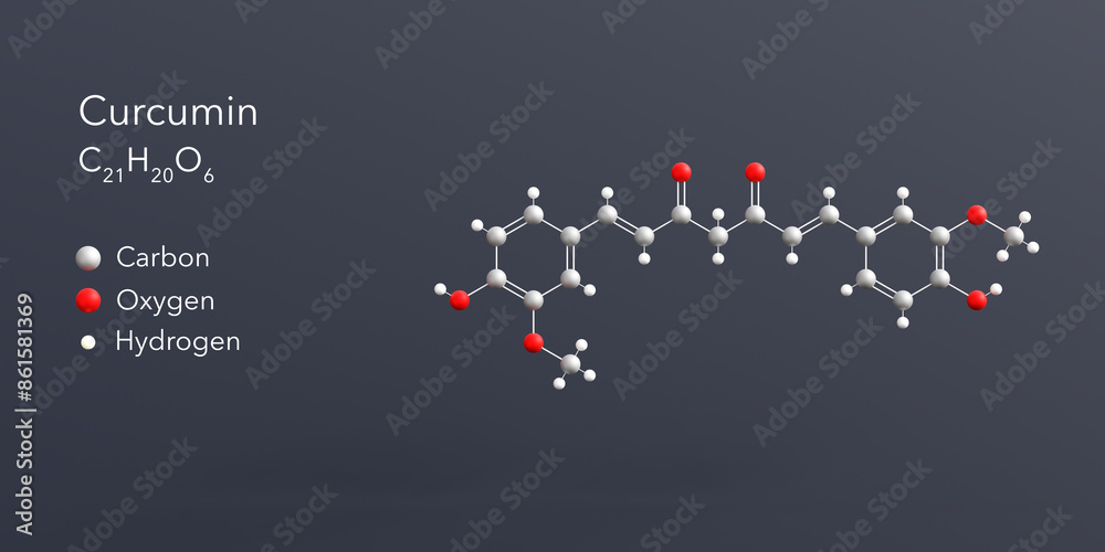 curcumin molecule 3d rendering, flat molecular structure with chemical ...