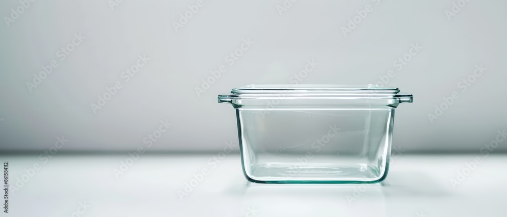 Clean design glass food storage container, empty, white setting, rule ...