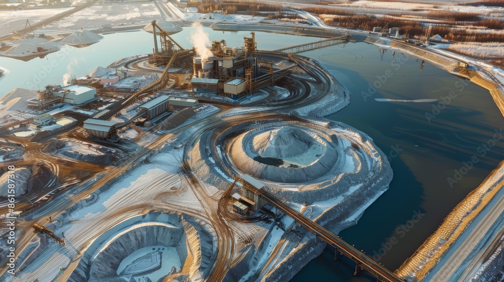 Aerial view of a potash mining complex featuring industrial facilities ...