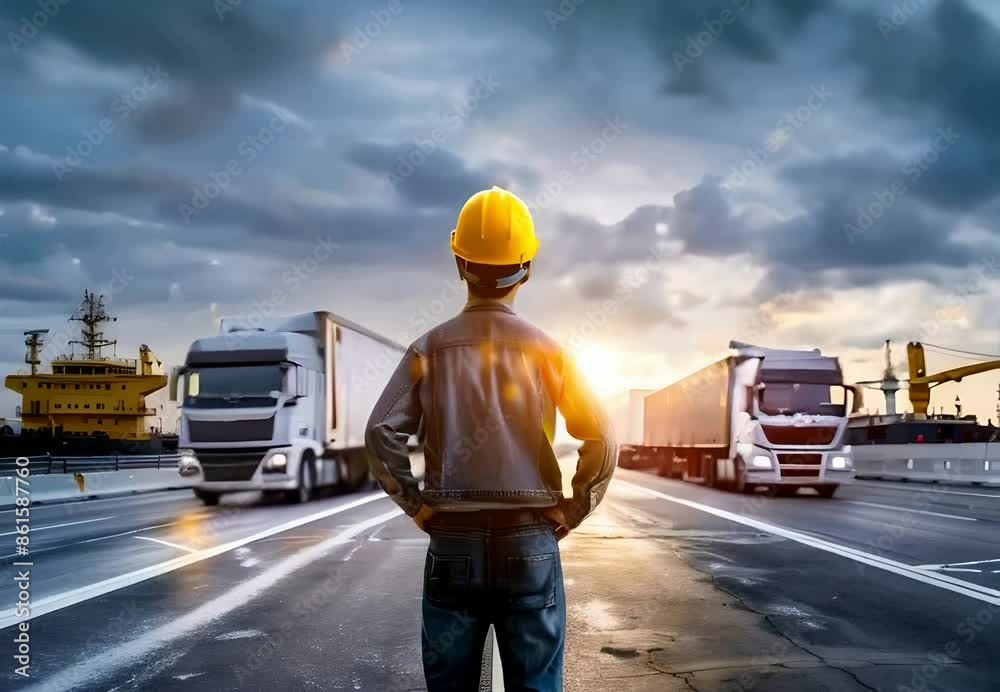 An engineer wearing helmet standing on highway with trucks and ships on ...
