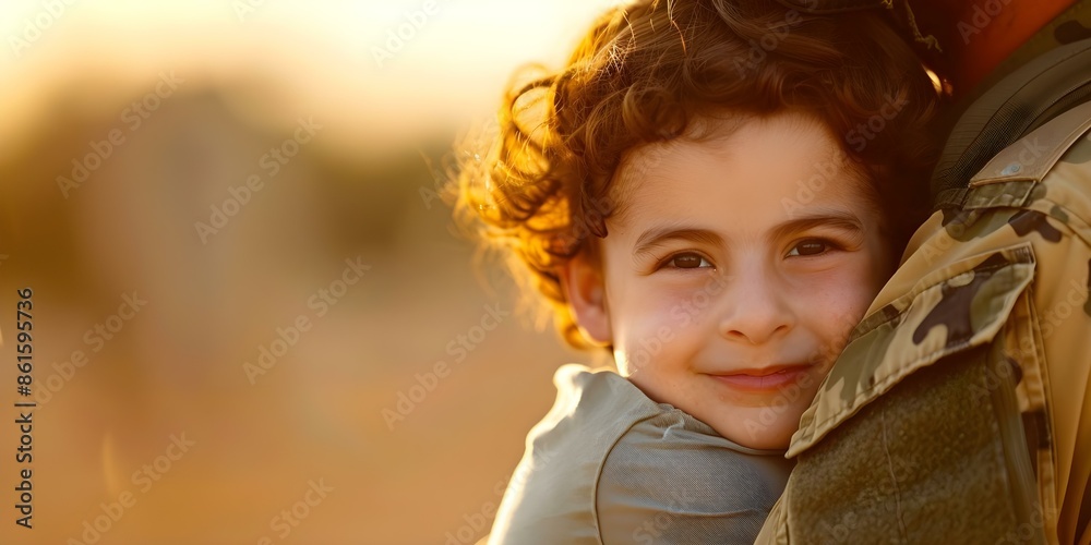 Israeli soldier embraces child outside patriotic homecoming symbolizing ...