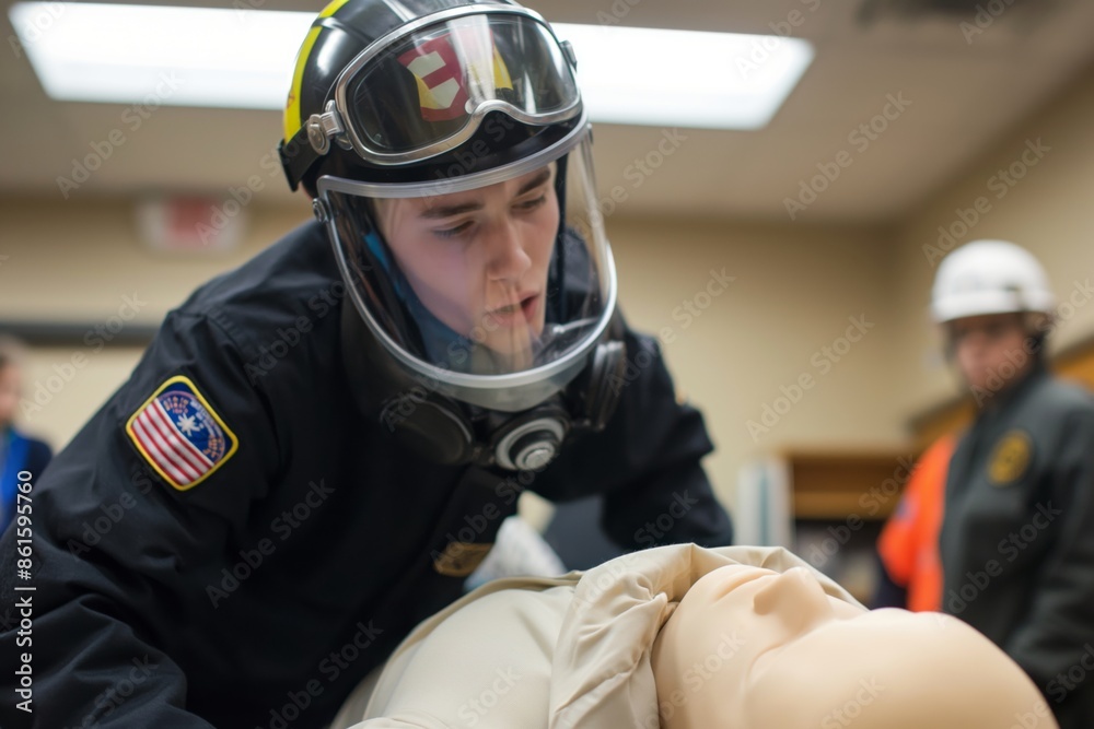 Emergency response training with a firefighter practicing CPR on a ...