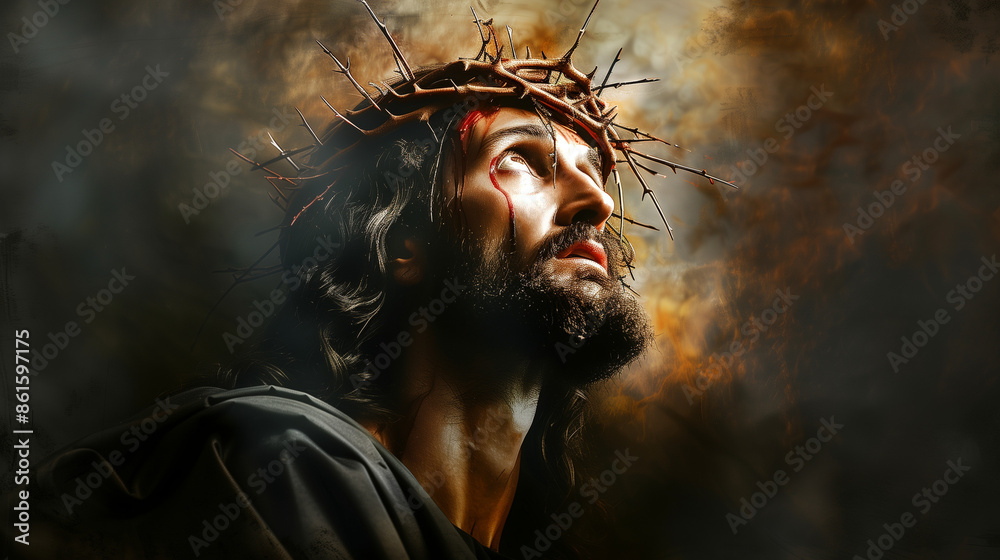 Jesus Christ Looking Up with Crown of Thorns Stock Photo | Adobe Stock