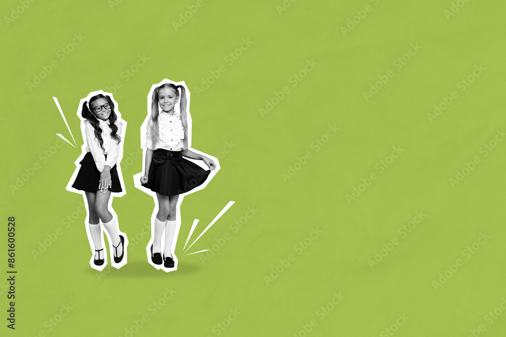 Composite photo collage of happy blonde brunette schoolgirls education ...